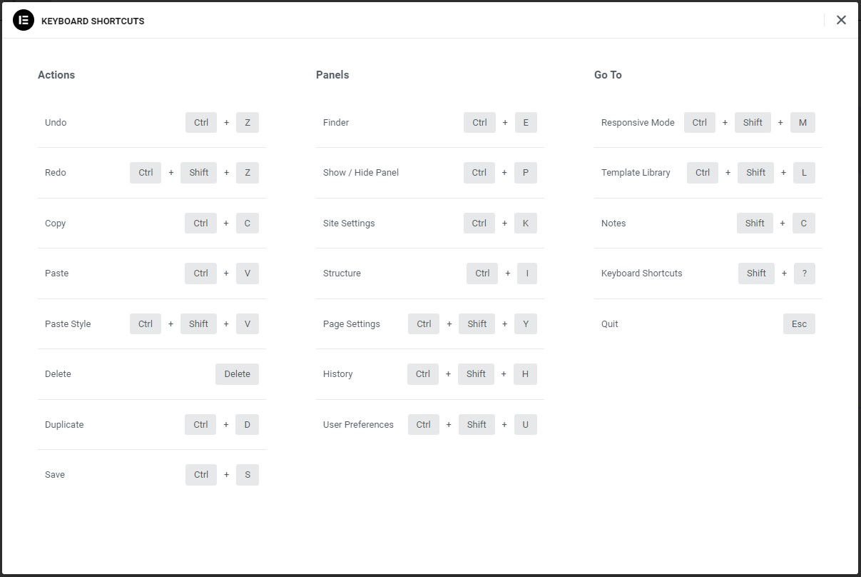 Access functions quickly with hotkeys | Elementor