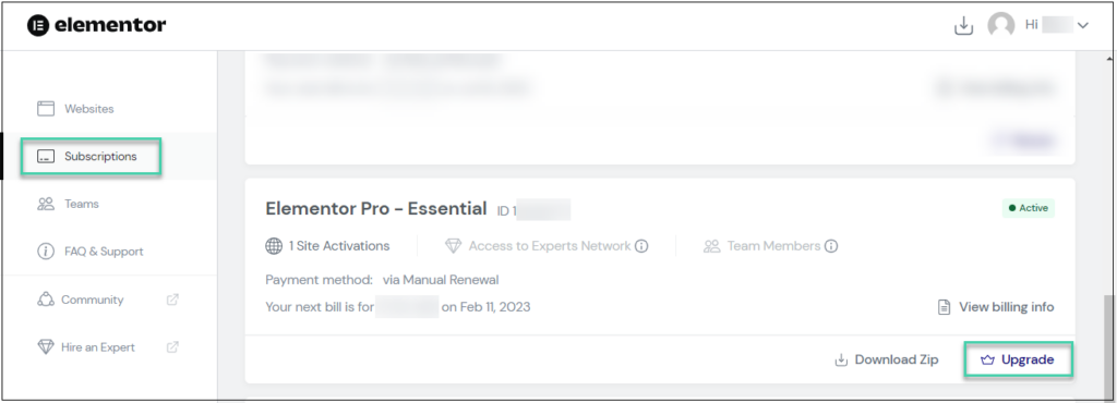 Upgrade Your Subscription » Elementor