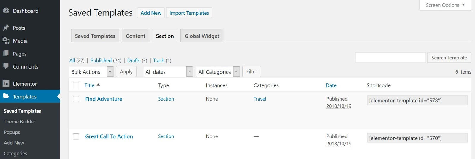 Templates menu | Elementor