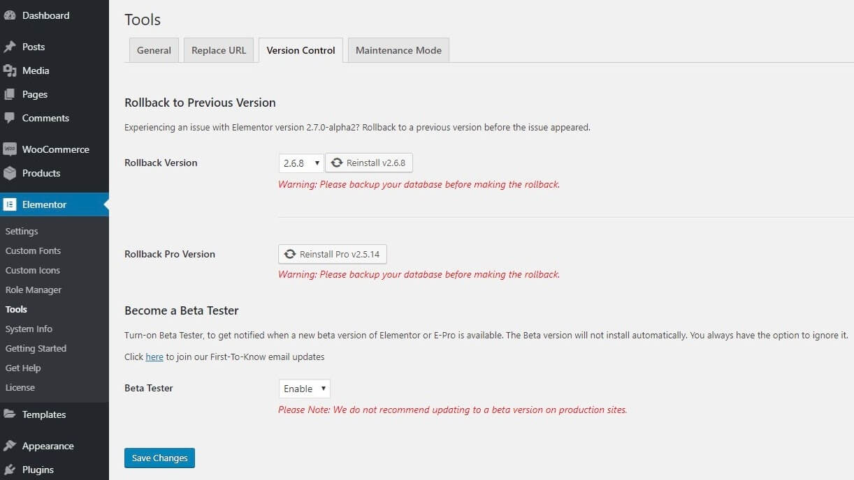 Rollback To A Previous Version Of Elementor » Elementor