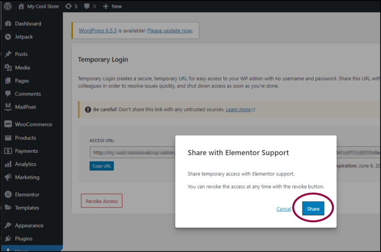 How do I issue temporary credentials to support? | Elementor