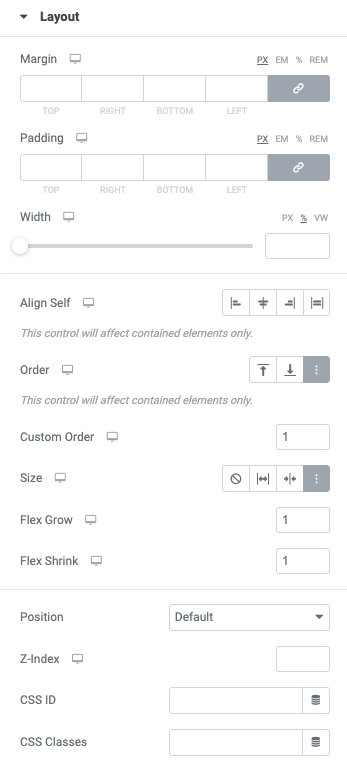 Flexbox Container Advanced Tab Settings Elementor