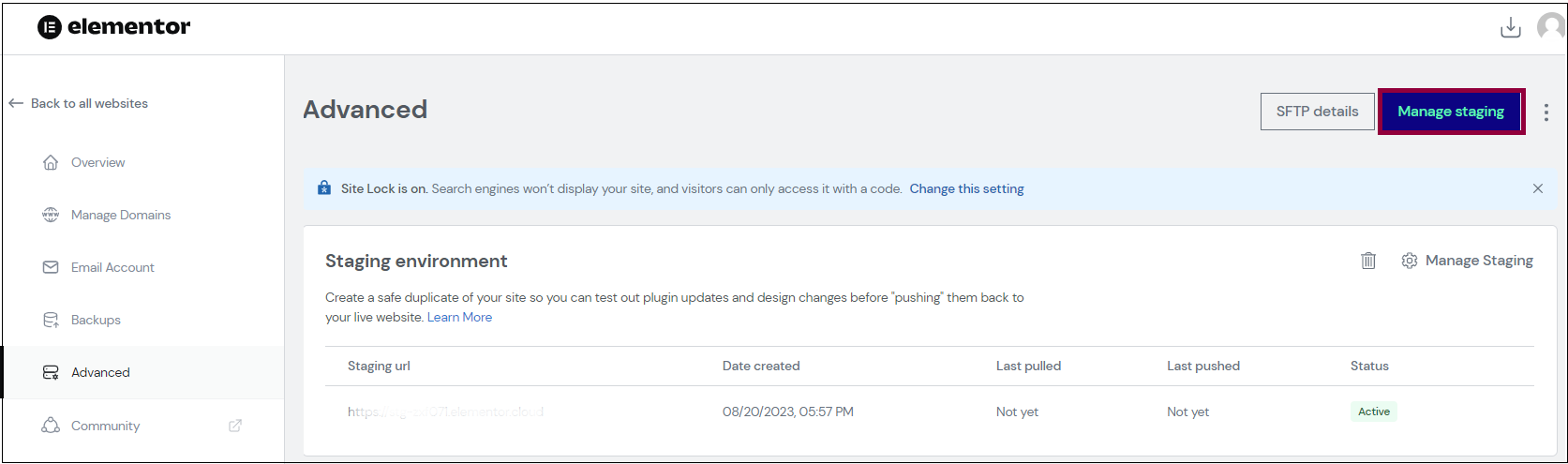 Create a staging site | Elementor