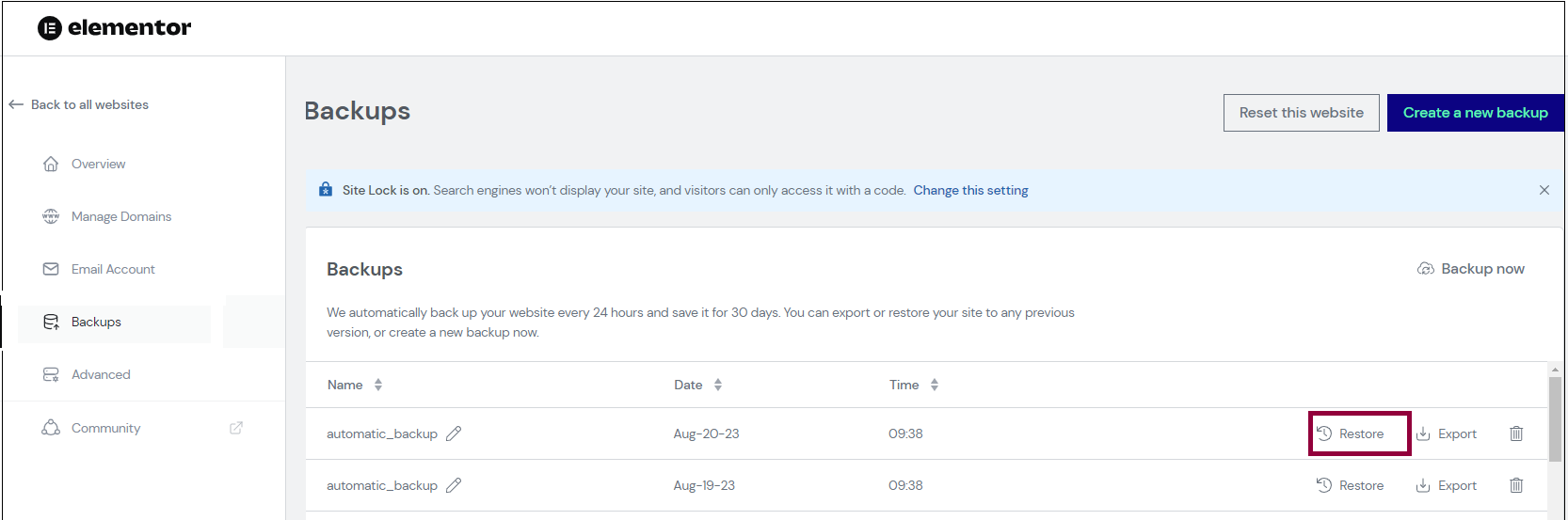 Restoring A Previous Version Of Your Website » Elementor