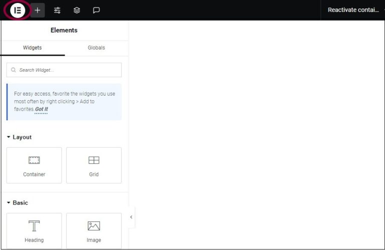 Deactivate containers | Elementor