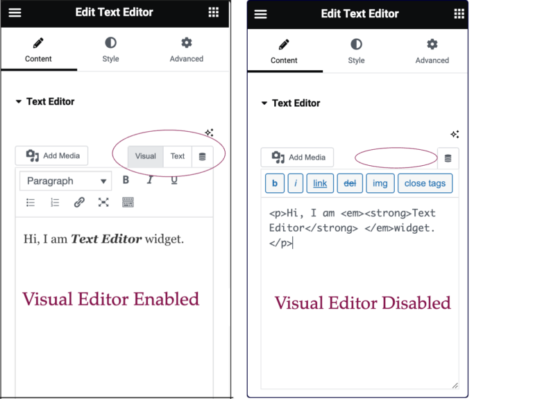 Visual and Text tabs are missing from the Text Editor widget | Elementor