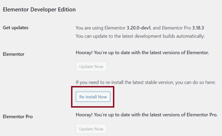 Roll back to prior releases with Developer Edition plugin | Elementor