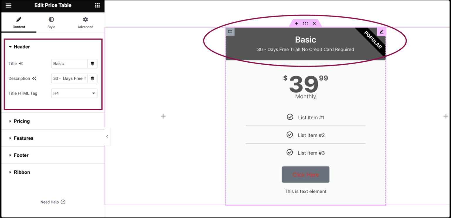 Price Table widget | Elementor
