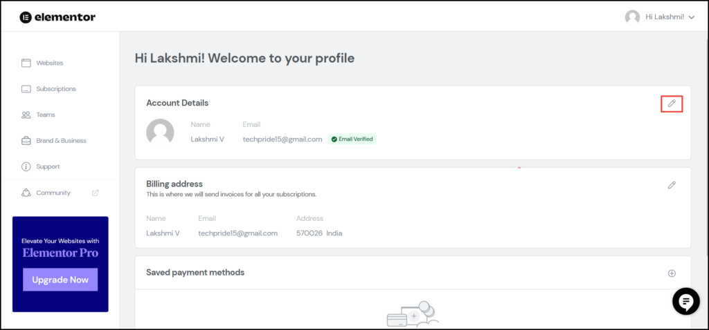 Update your account information | Elementor