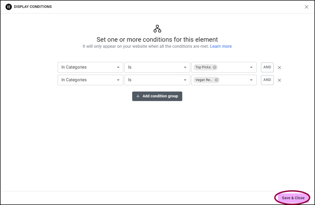Show and hide elements on a page (Display Conditions) | Elementor