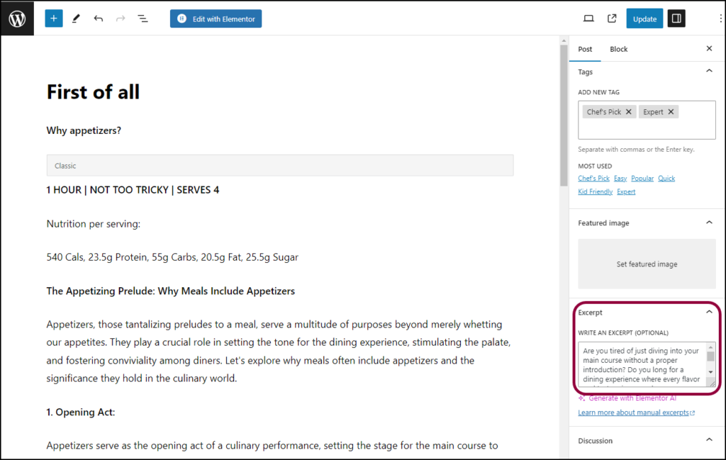 Generate page and post excerpts with AI | Elementor