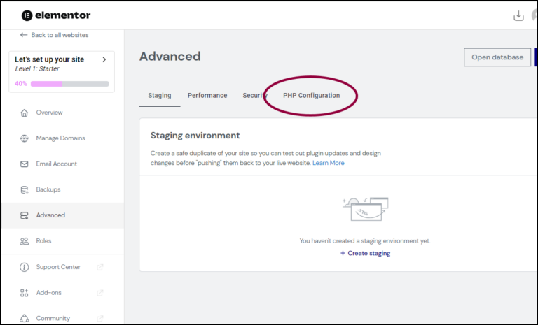 Access PHP Settings » Elementor
