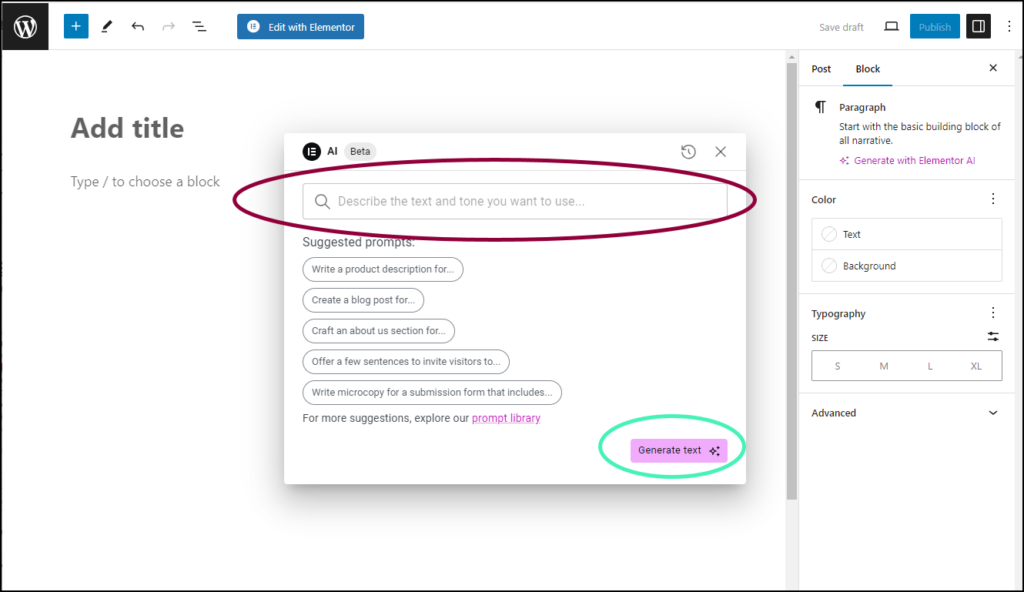 Generate text in Gutenberg using Elementor AI | Elementor