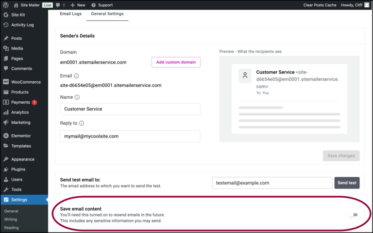 Enable/Disable email logging | Elementor