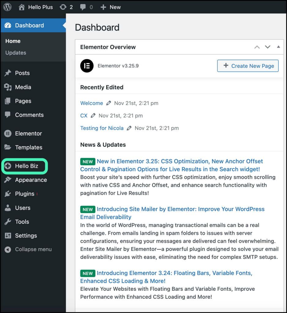 Access your Hello Biz site | Elementor