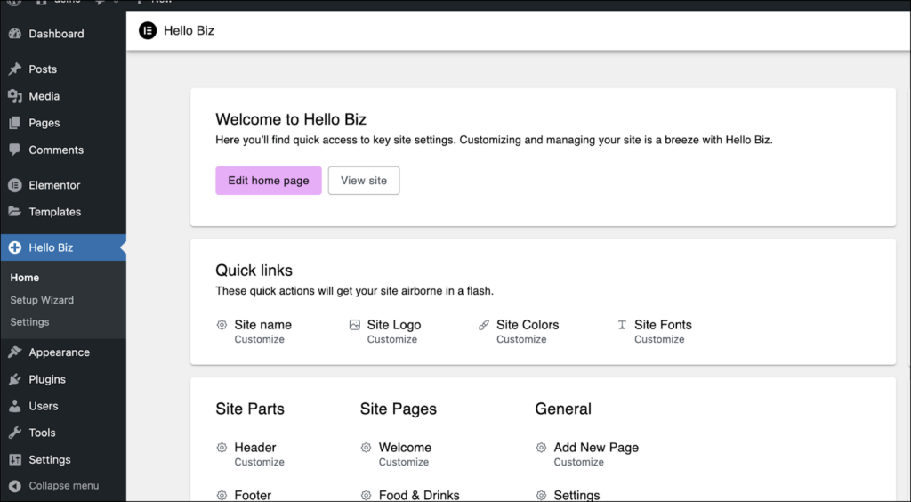 Access your Hello Biz site | Elementor