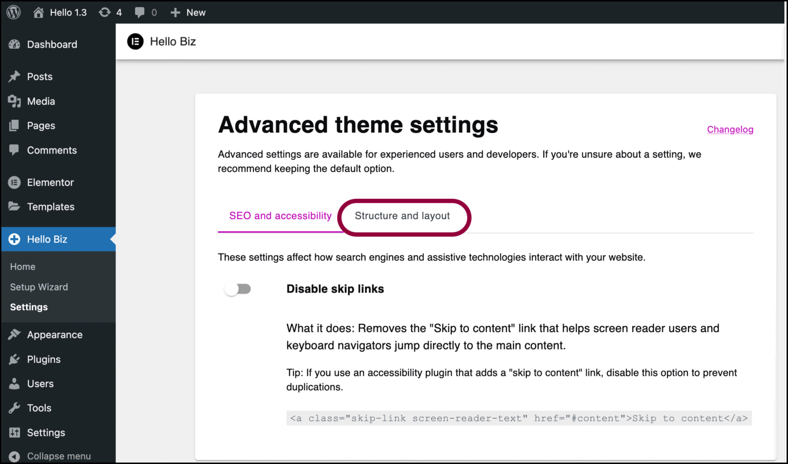 Edit the Hello Biz theme settings | Elementor