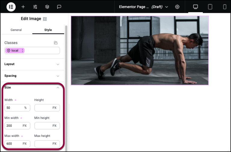 Style tab - Size | Elementor
