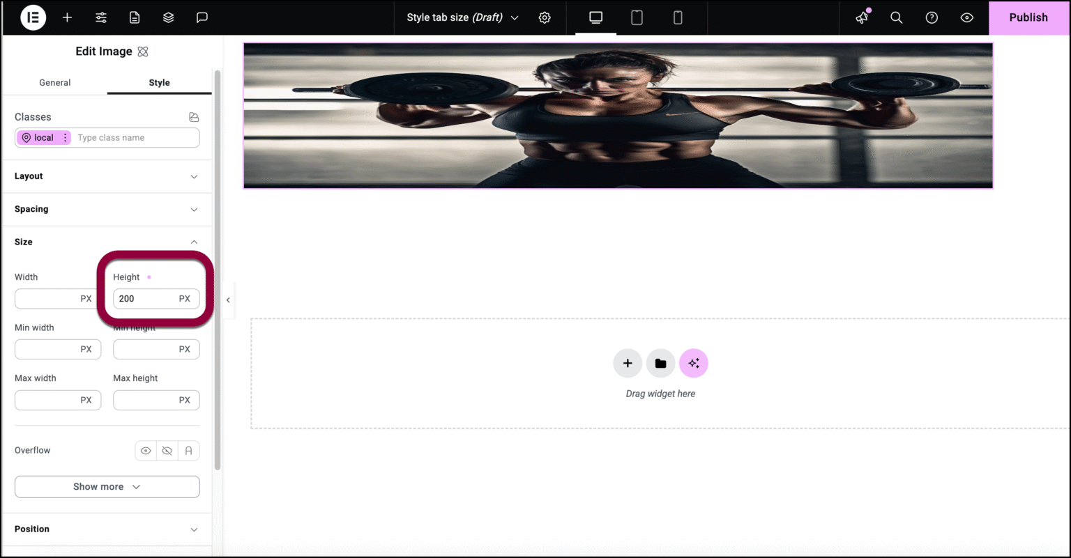Style tab - Size | Elementor