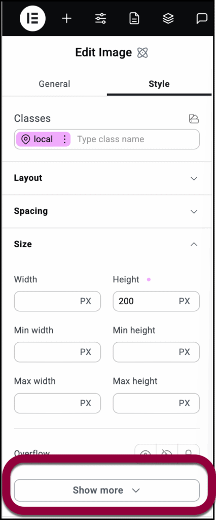 Style tab - Size | Elementor
