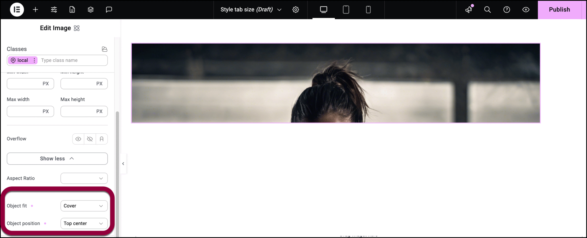 Style tab - Size | Elementor