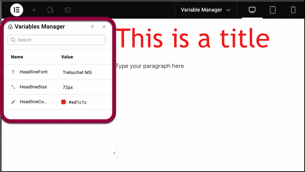 Variables Manager Elementor
