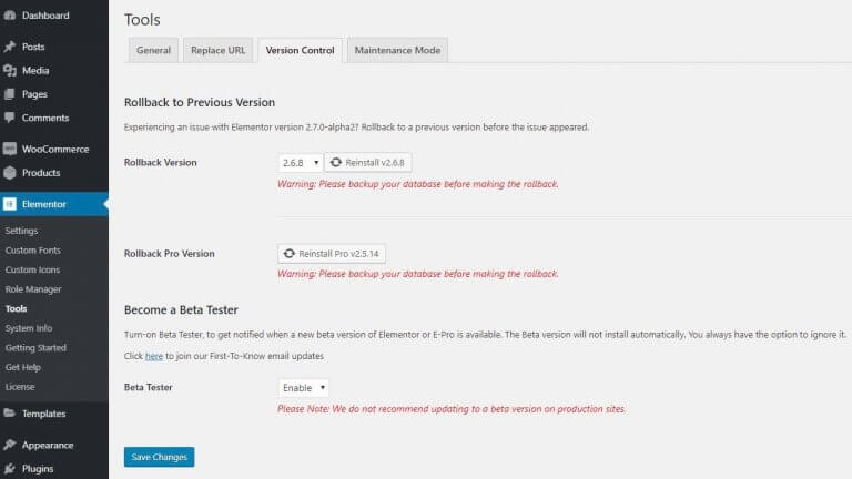 Rollback To a Previous Version of Elementor | Elementor